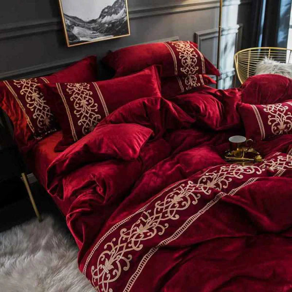 Luxury Embroidered Velvet Duvet Set - Red – Rangooli